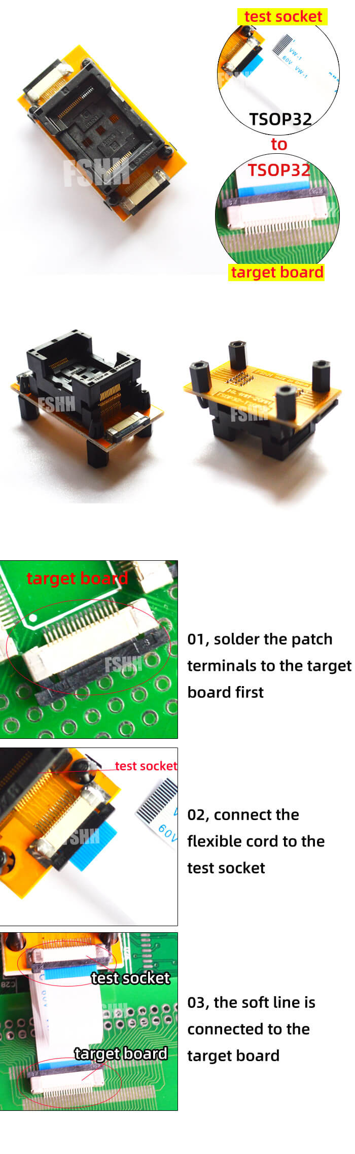 Program Test SMD Welding TSOP32 To TSOP32 Test Socket 0.5mm 18.4mm 20mm ...