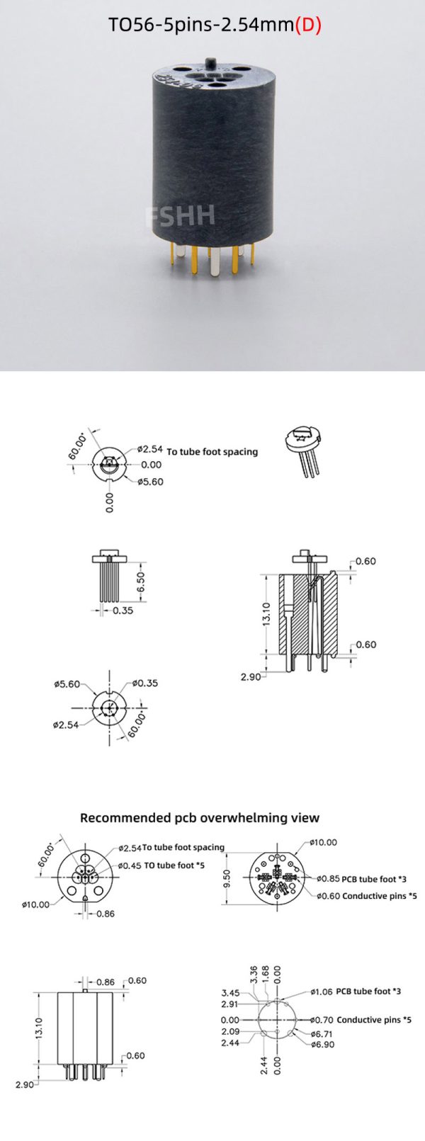 TO56 5pin 2.0mm 2.2mm 2.54mm Pitch Crystal Transistor Test Socket Laser ...
