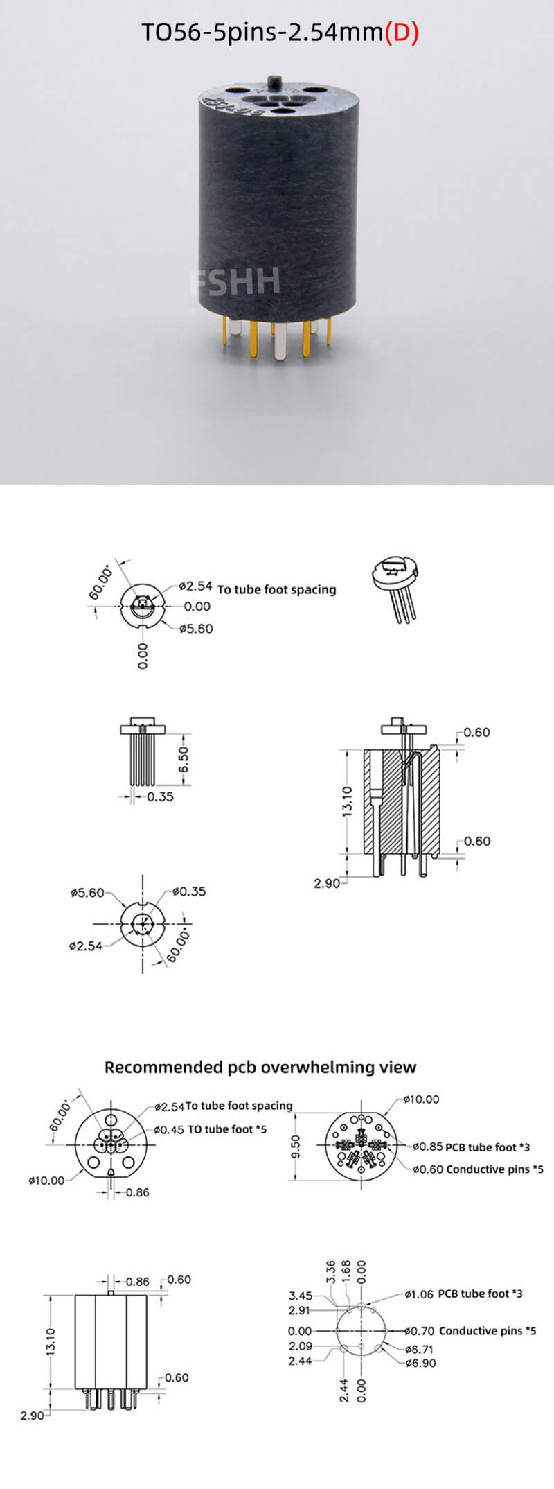 TO56 5pin 2.0mm 2.2mm 2.54mm Pitch Crystal Transistor Test Socket Laser ...