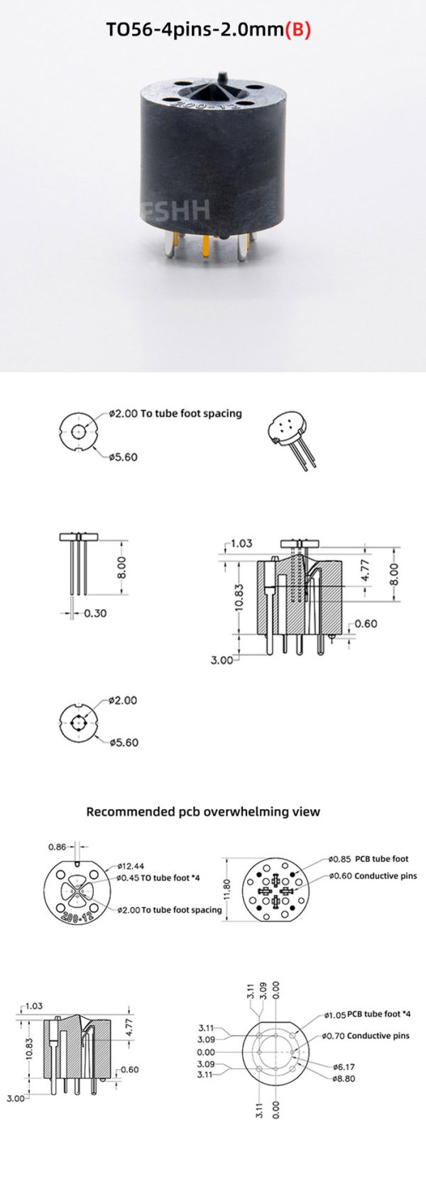 TO56 4pin 2.0mm 2.54mm Pitch Crystal Transistor Test Socket Laser Diode ...