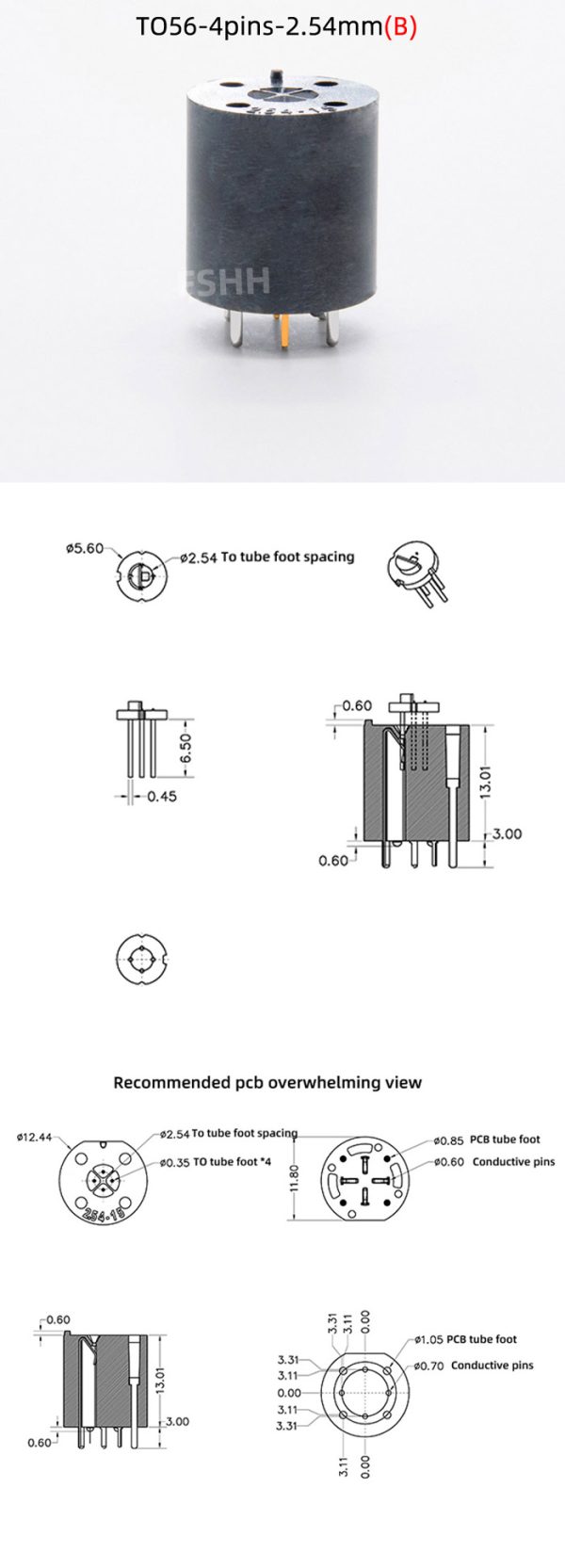 TO56 4pin 2.0mm 2.54mm Pitch Crystal Transistor Test Socket Laser Diode ...
