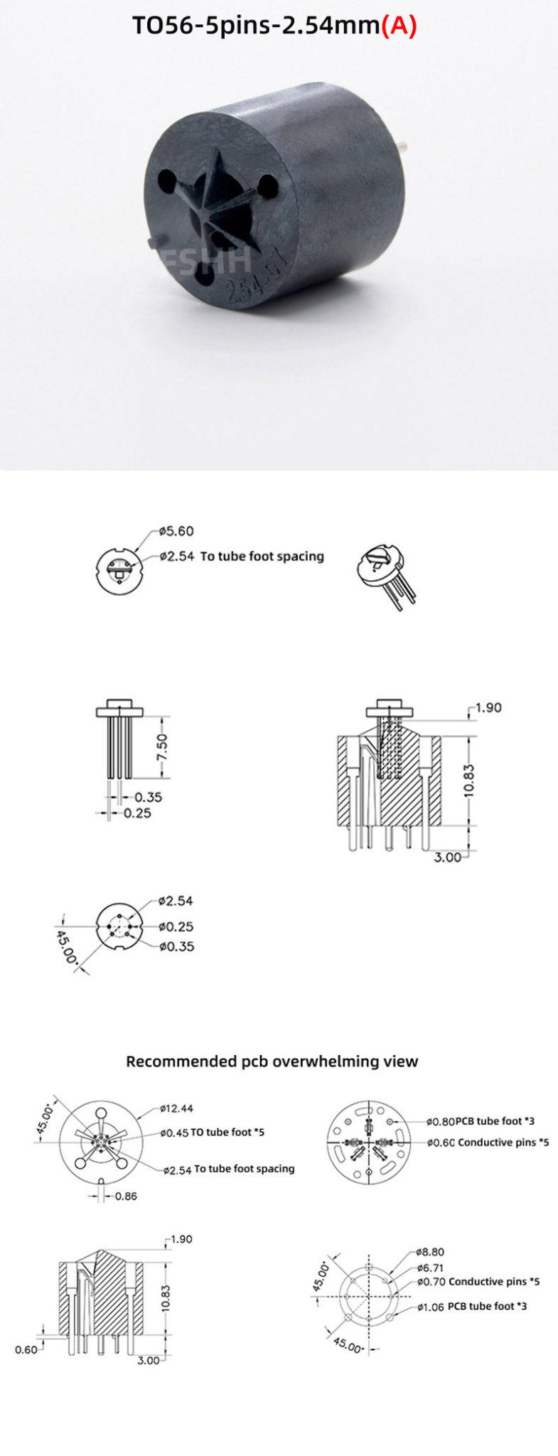 TO56 5pin 2.0mm 2.2mm 2.54mm Pitch Crystal Transistor Test Socket Laser ...