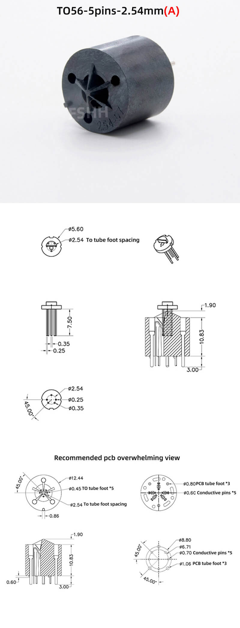 TO56 5pin 2.0mm 2.2mm 2.54mm Pitch Crystal Transistor Test Socket Laser ...